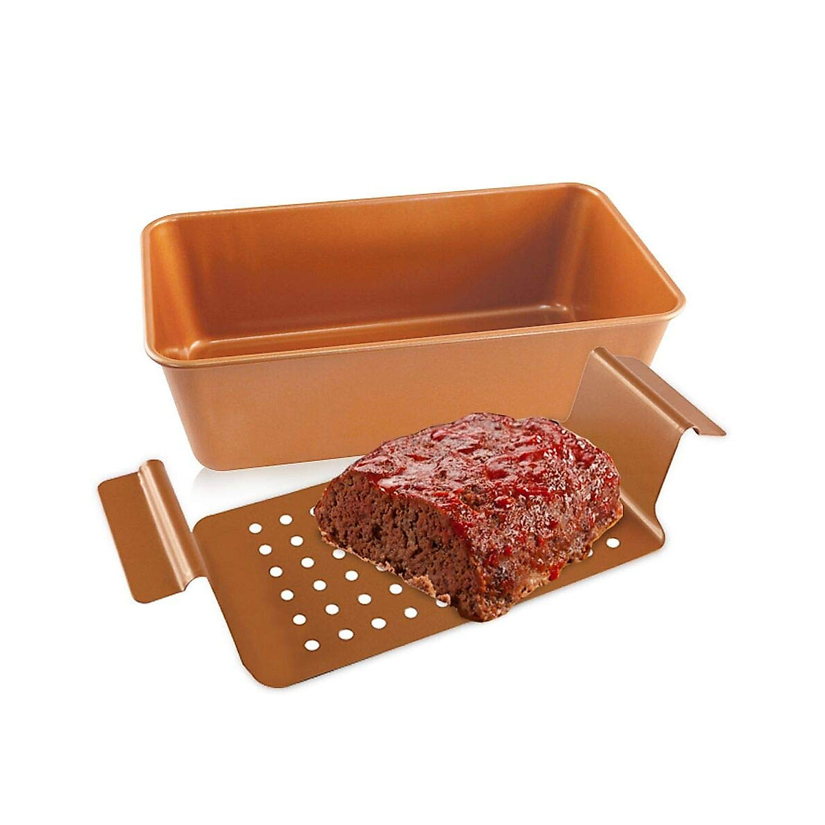Volar Non-Stick Meatloaf Pan 2-Piece Healthy Meatloaf Pan Set Copper Coating With Removable Tray Drains Grease
