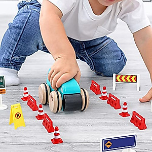 TOYANDONA 31Pcs Road Signs for Kids, Miniature Plastic Traffic Cones Mini Barrel Roadblocks Toys Set Educational Playset Pieces for Boys& Girls