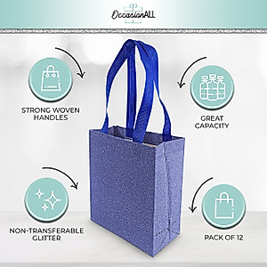 Blue Gift Bags - 12 Pack Medium Blue Reusable Gift Bag Tote with Handles, Glitter Metallic Bling Shimmer, Eco Friendly for Kids Birthday Parties, Bridesmaids, Party Favors, Grocery Shopping - 8x4x10
