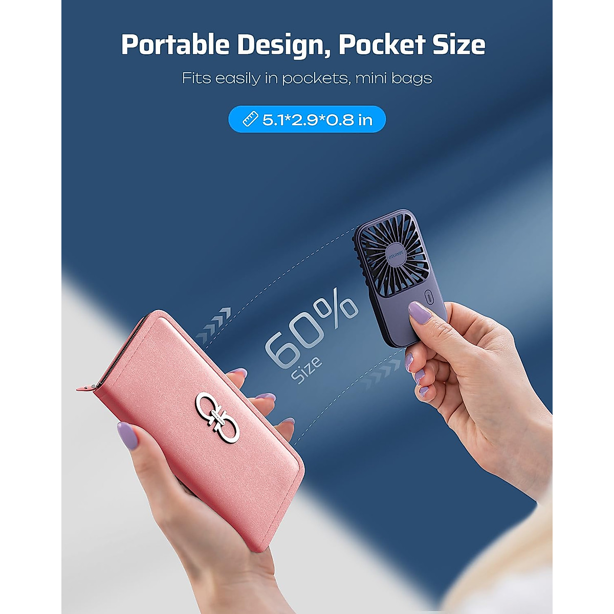 Otlonpe Mini Portable Handheld Fan, Small Rechargeable Pocket Travel Fan with Hand Held Desktop Modes, Foldable Stand, Lanyard, 3 Speeds, Cute Slim Personal Hand Fan for Women Girls Kids (Dark-Blue)