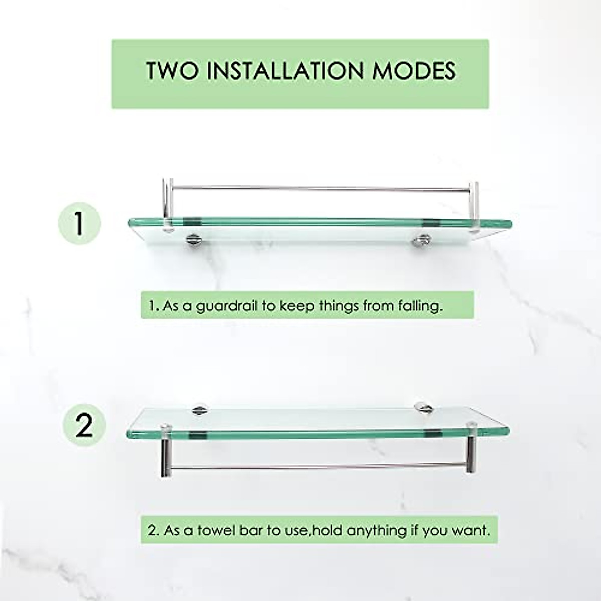 mokhome Bathroom Shelves, Glass Shower Caddy, Rectangle Floating Wall Mounted Shelf,Tempered Clear Glass Shelving with Towel Bar Shampoo Holder,1 Shelf, SUS304 Stainless Steel Brackets,Rustproof