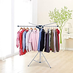 LOHISHILO 2in1 Foldable Clothes Stand Hanger, Drying Rack Adjustable Height Coat, for College Dorms, Camping, Apartments, Hotels, Laundry Rooms, Boutiques, Studios, Blue