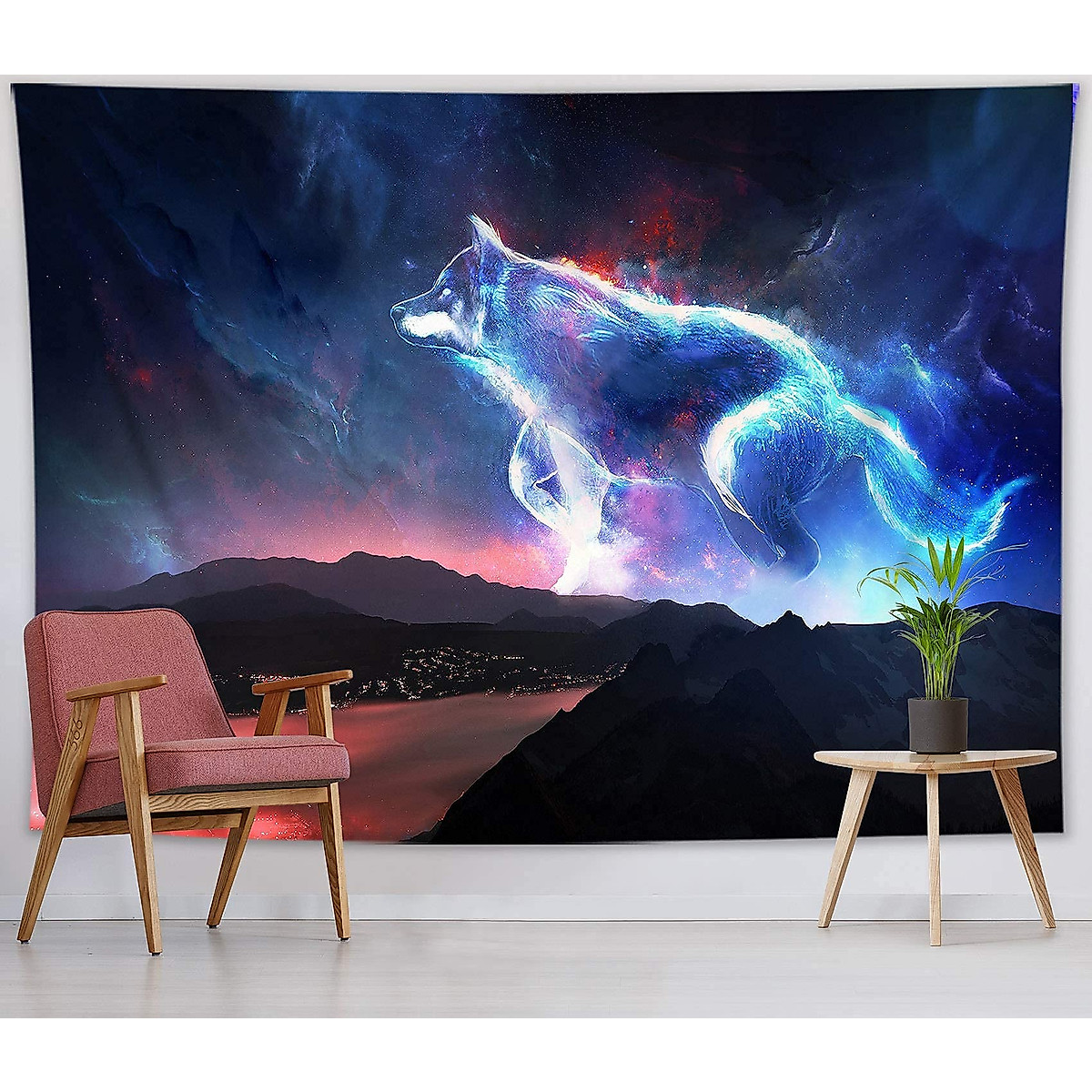 HVEST Wolf Tapestry Wall Hanging Mountains and Lake Night Natural Scenery Tapestries Wild Animal Wolve in Trippy Space Wall Decor Blanket for Bedroom Living Room Dorm,60x40 Inches