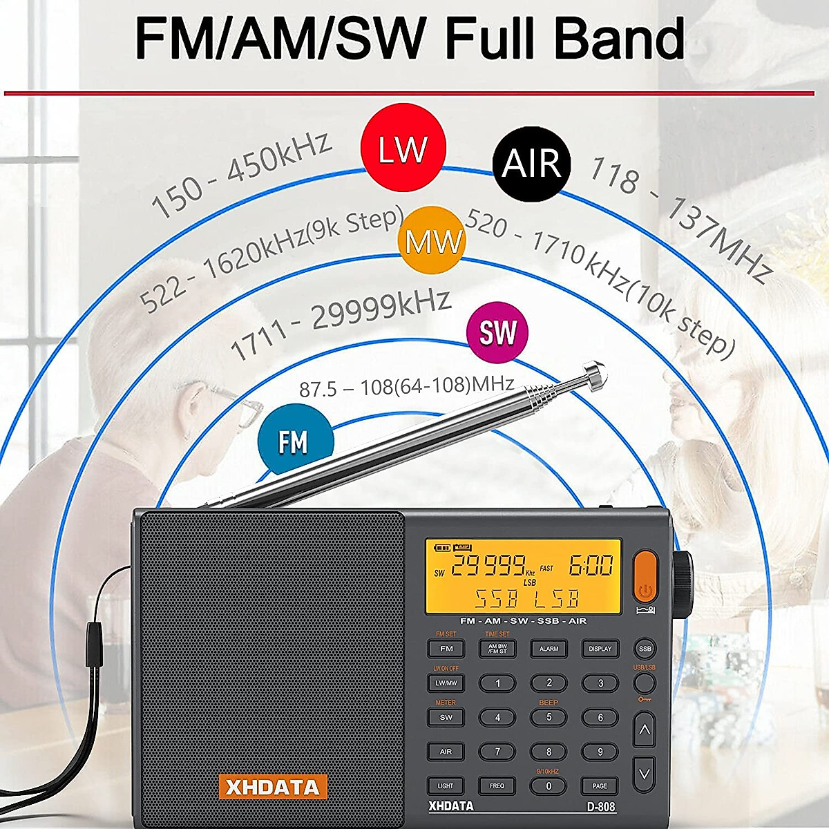 XHDATA D808 Portable AM FM SW LW Air Band Radio SSB RDS Multi Band Radio Speaker with LCD Display Alarm Clock External Antenna Grey