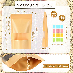 Ctosree 300 Pcs Kraft Pouch with Window Bulk Kraft Stand up Zipper Pouch 5 x 8 Inch Stand up Kraft Bags Kraft Zipper Pouch for Food Storage Reusable Heat Sealable Bag for Small Business Packaging Home