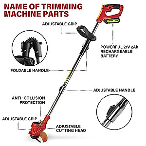 HUDAEN Cordless Grass Trimmer Weed Wacker, 3-in-1 String Trimmer Lawn Edger with 21V 2Ah Li-ion Battery for Garden and Yard with Wheel, Lightweight Adjustable Height Weed Eater Tool (Red)