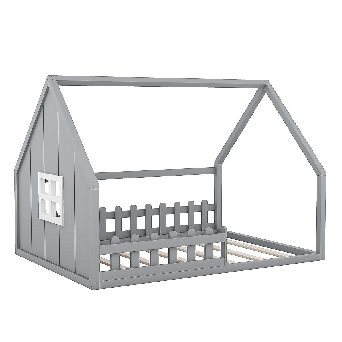 MERITLINE House Bed for Kids Full Montessori Floor Bed Wood Frame with Rails and Window, No Box Spring Needed, for Kids Teens Girls Boys (Full Size, Gray)