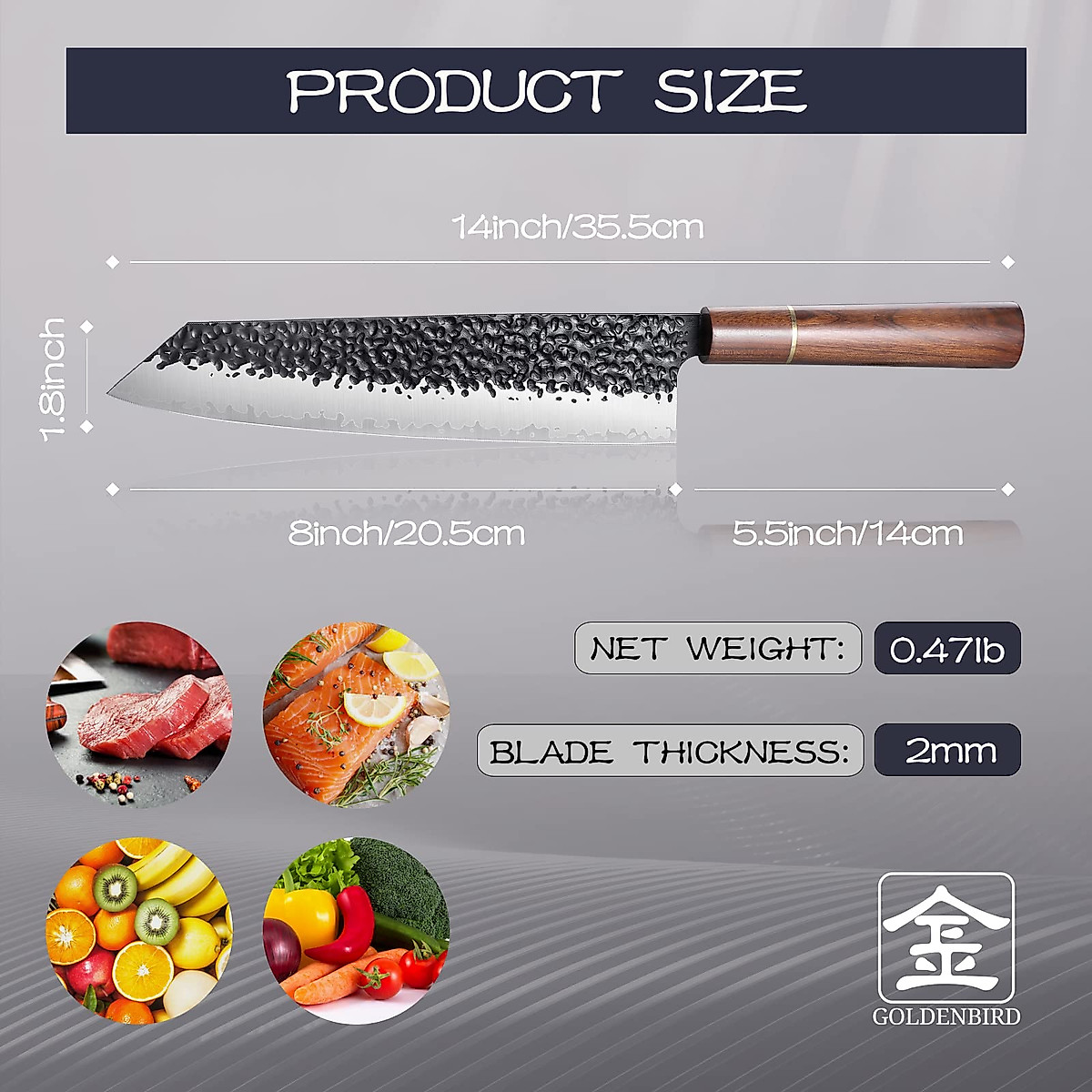 Golden Bird Japanese Kiritsuke Knives- 9 Inch Slicing Knife Sharp Meat Cutting Knife, Hand Forged 3 Layers 9CR18MOV High Carbon Breaking Knife Carving Knife, Gift for Father Mother Chef