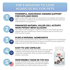 Agaricus Bio 300mg for Canines and Felines, Beta Glucan Mushroom Pet Supplement to Boost Critical Immune Defense & Cellular Health, Antioxidant Powder, Energy Support for Old Dogs and Cats, 60 caps