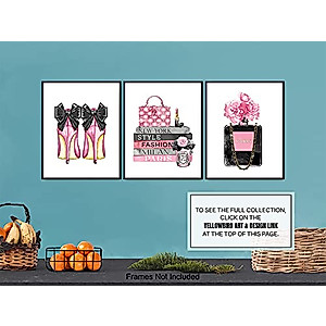 Glam Designer Perfume, Shoes, Handbags Wall Decor - Cute Gift for Fashionista - High Fashion Luxury Couture Wall Art Poster Set for Women, Teens, Girls Bedroom
