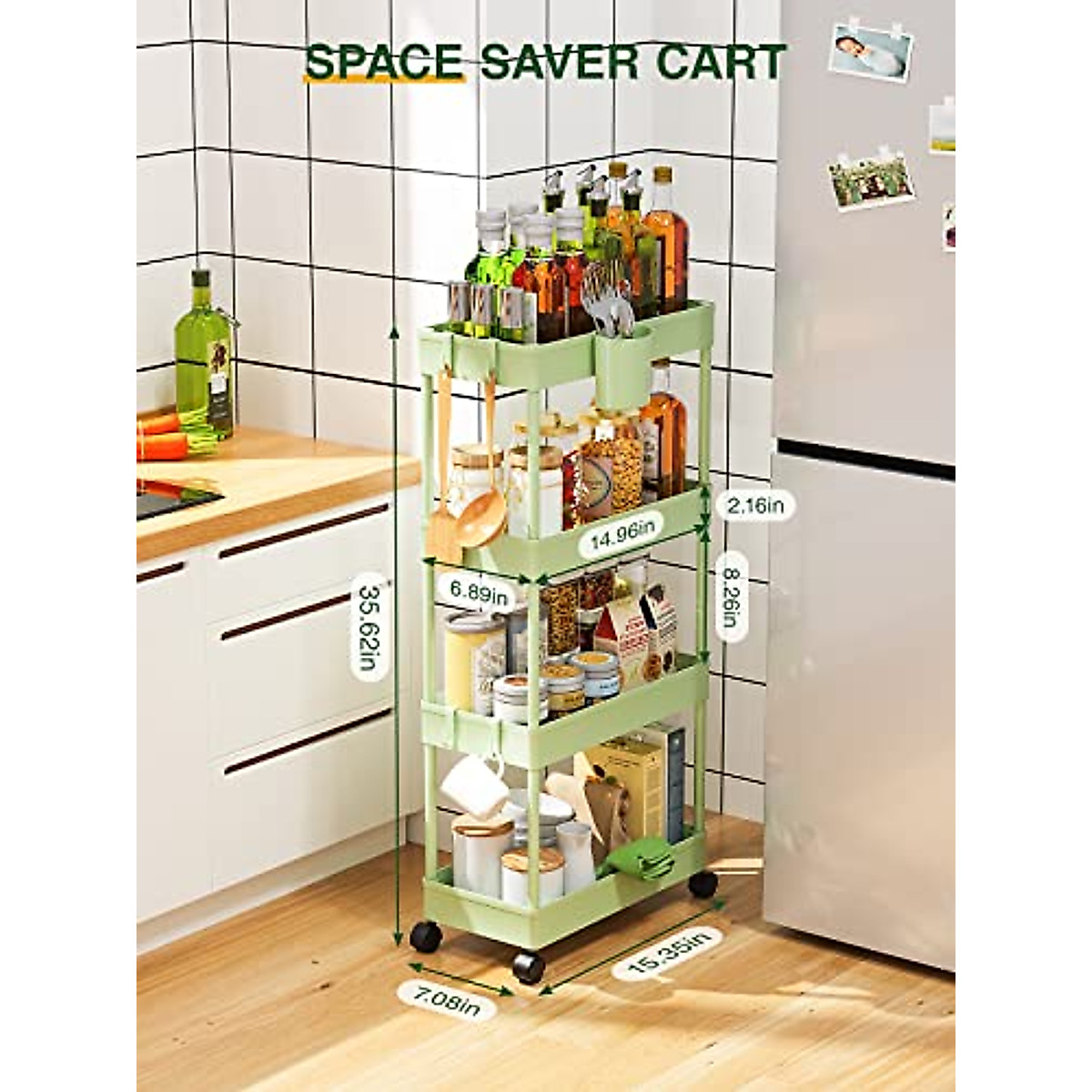 LEHOM Slim Rolling Storage Cart - 4 Tiers Bathroom Organizer Utility Cart Slide Out Storage Shelves Mobile Shelving Unit for Kitchen, Bedroom, Office, Laundry Room, Small Narrow Spaces, Green