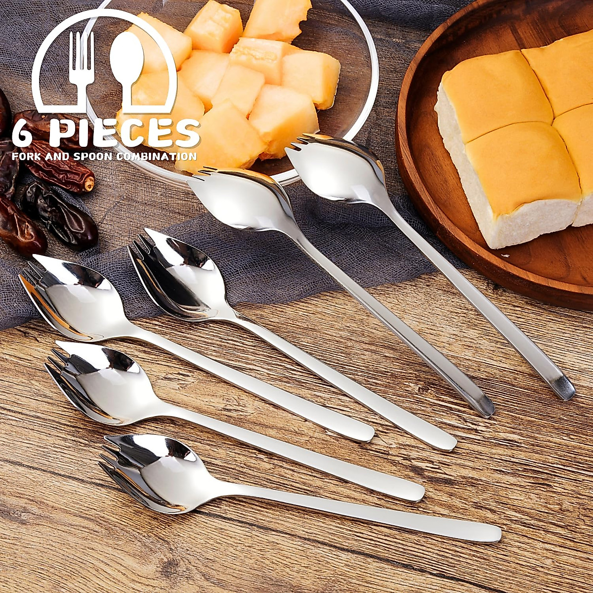 KAISHANE 6-Piece 7.1 Inch Sporks Set - 18/10 Stainless Steel Sporks for Household Use, Picnics, and Travel, Ideal for Ice Cream, Salad, Fruit Appetizers, and Desserts
