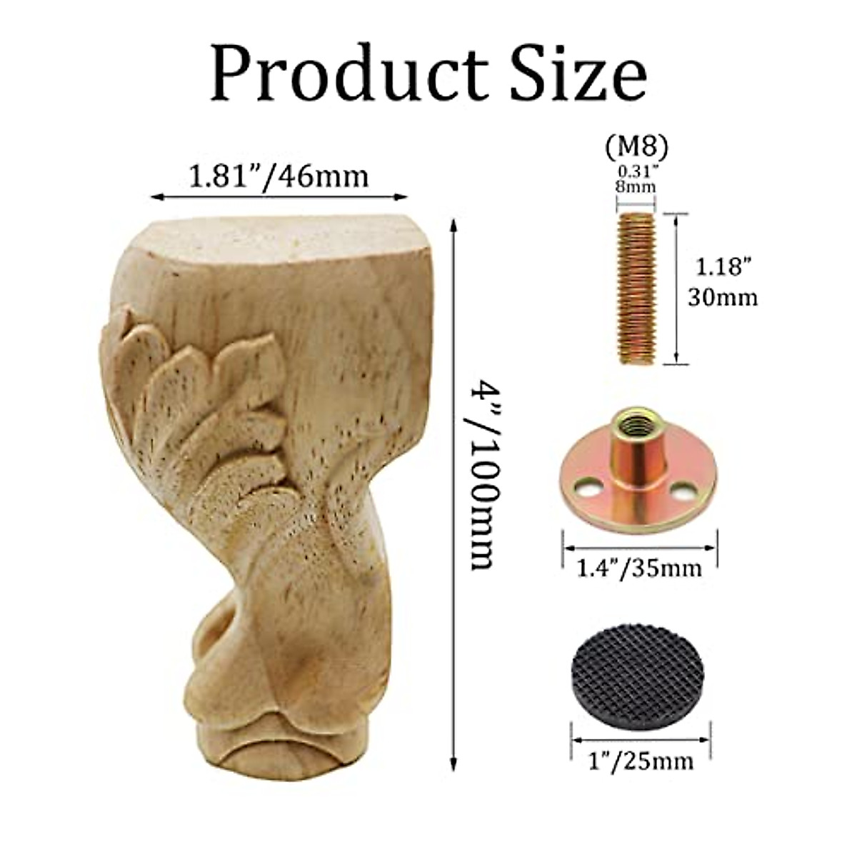 INKNOTE Solid Unfinished Wood Furniture Legs European Style Solid Wood Carving Furniture Replacement Feet for Sofa Cabinet Wardrobe Table Loveseat Couch Ottoman Loveseat Coffee Table(4" Set of 4)