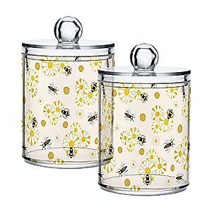 MNSRUU 2 Pack Qtip Holder Organizer Dispenser Cute Bee Bathroom Storage Canister Cotton Ball Holder Bathroom Containers for Cotton Swabs/Pads/Floss