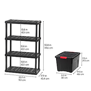 IRIS USA 4-Tier Shelving Unit, 36" W x 18" D x 56" H, 1 Pack, Black + IRIS USA 40 Qt. Plastic Storage Container Bin with Secure Lid and Latching Buckles, 4 Pack, Black, Bundle