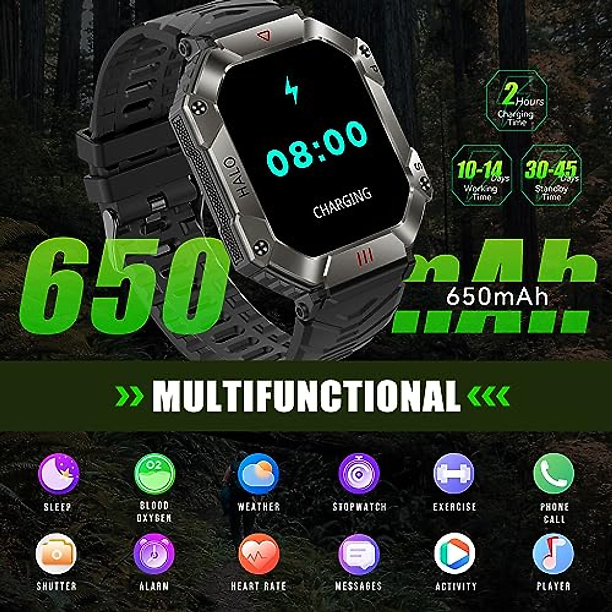 Military Smart Watch for Men(Call Receive/Dial) with 650mAh Long Battery Life, 2” Big Screen Rugged Tactical Sports Smartwatch with Compass Barometer Heart Rate Sleep Tracker for Android iOS Black