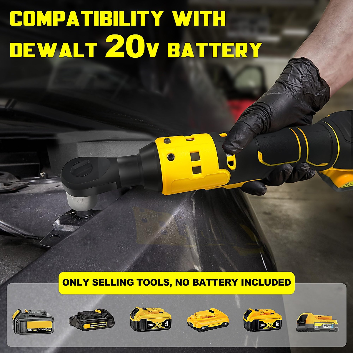 3/8" Cordless Ratchet Wrench Compatible with DEWALT 20V Battery, Electric Power Ratchet, Variable Speed Trigger, 45 Ft-lbs 400 RPM Wrench Tool, 7 Sockets, 1/4" Adapter & 3" Extension Bar (Tool Only)