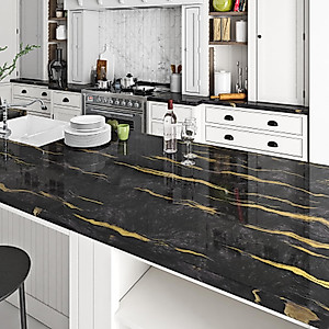 Livelynine Black and Gold Marble Contact Paper for Countertops Waterproof Marble Wallpaper Peel and Stick Bathroom Walls Renter Friendly Countertop Cover Kitchen Cabinet Contact Paper 15.8X78.8 Inch