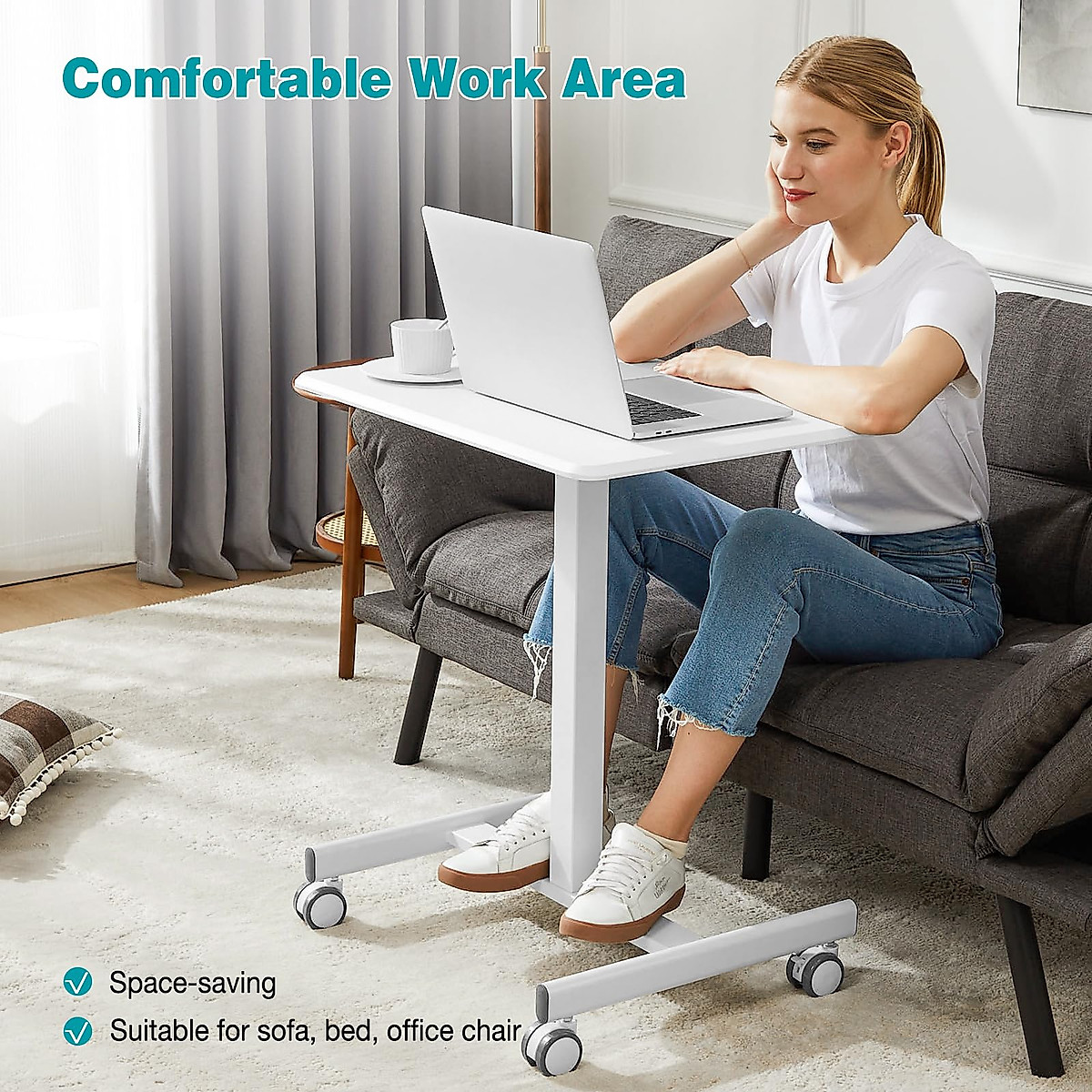 DUMOS Standing Height, Mobile Portable Rolling Laptop Wheels Small Adjustable Desk for Home Office, 19in, White