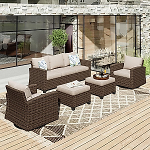 HERA'S HOUSE Outdoor Patio Sofa, 3-Seat Wicker Couch with Waterproof Thick Cushions, Deep Seating Furniture for Garden Porch Backyard, Beige