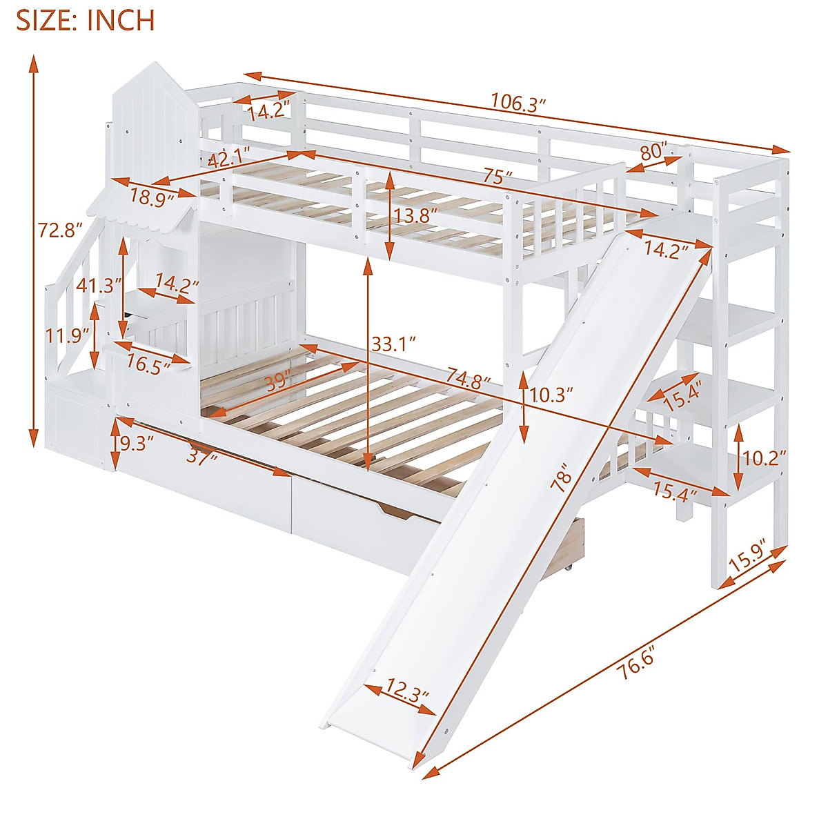 CITYLIGHT Castle Bunk Bed Twin Over Twin,Wooden Bunk Beds with Slide and Storage Stairs,Space Saving Twin Bunk Bed with 2 Drawers and 3 Shelves,Kids Bunk Bed for Girls Boys,White