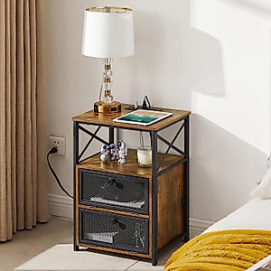 VECELO 24" End Table with Charging Station, Flip Drawer Nightstand Set of 2 with USB Ports and Outlets for Bedroom,Living Room, Rustic Brown