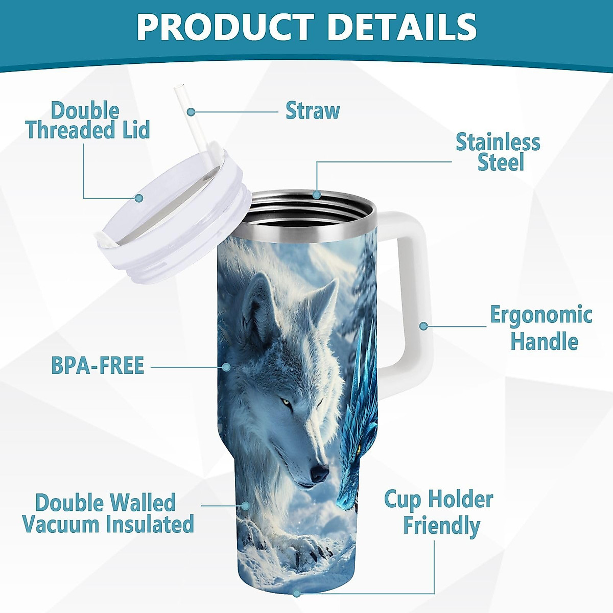 ODAWA Wolf Dragon White Tumbler Cup Reusable Tumbler with Straw Ice Coffee Cups