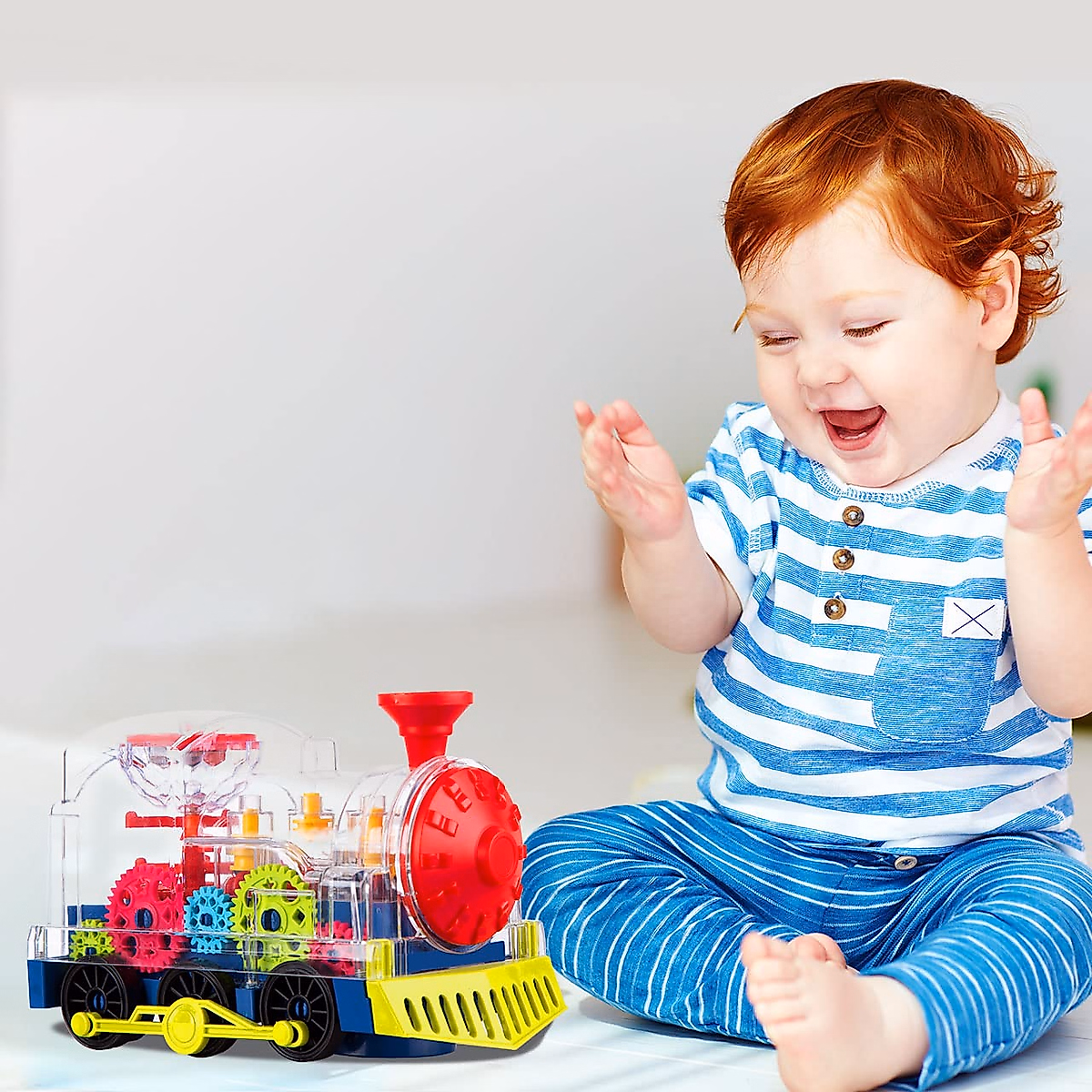 Berry President Transparent Electric Gear Train Toy with Flashing Lights and Music, Battery Operated Bump & Go Action Train Toys for 2 3 4 5 Year Old Boys Toddlers