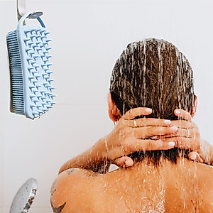 2 PC Silicone Exfoliating Body Scrubber, 2 in 1 Silicone Body Shampoo Brush, Soft Silicone Loofah for Sensitive Skin, Shower Silicone Hair Scalp Massager, Easy to Clean, Lather Well (Blue&Black)