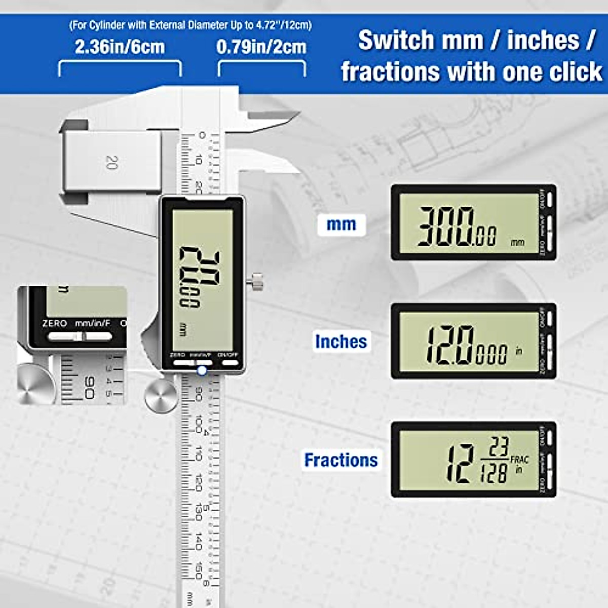 Raynesys Digital Caliper 12 Inch with Large LCD Screen, Inch/MM/Fraction Conversion, 300mm Micrometer Caliper All Stainless Steel Diameter Measuring Tool for Jewelers/Woodworkers/DIY