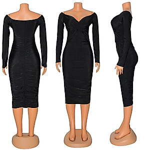 Fastkoala Women's Sexy V Neck Off Shoulder Ruched Bodycon Dress Long Sleeve Slim Fit Midi Dress Night Club Party Dresses Black 2XL