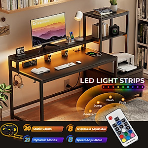 GreenForest Office Desk with Power Outlets and Printer Shelf, 59 inch Computer Desk with LED and Drawer, Reversible Gaming Desk with Storage for Home Study Working,Black