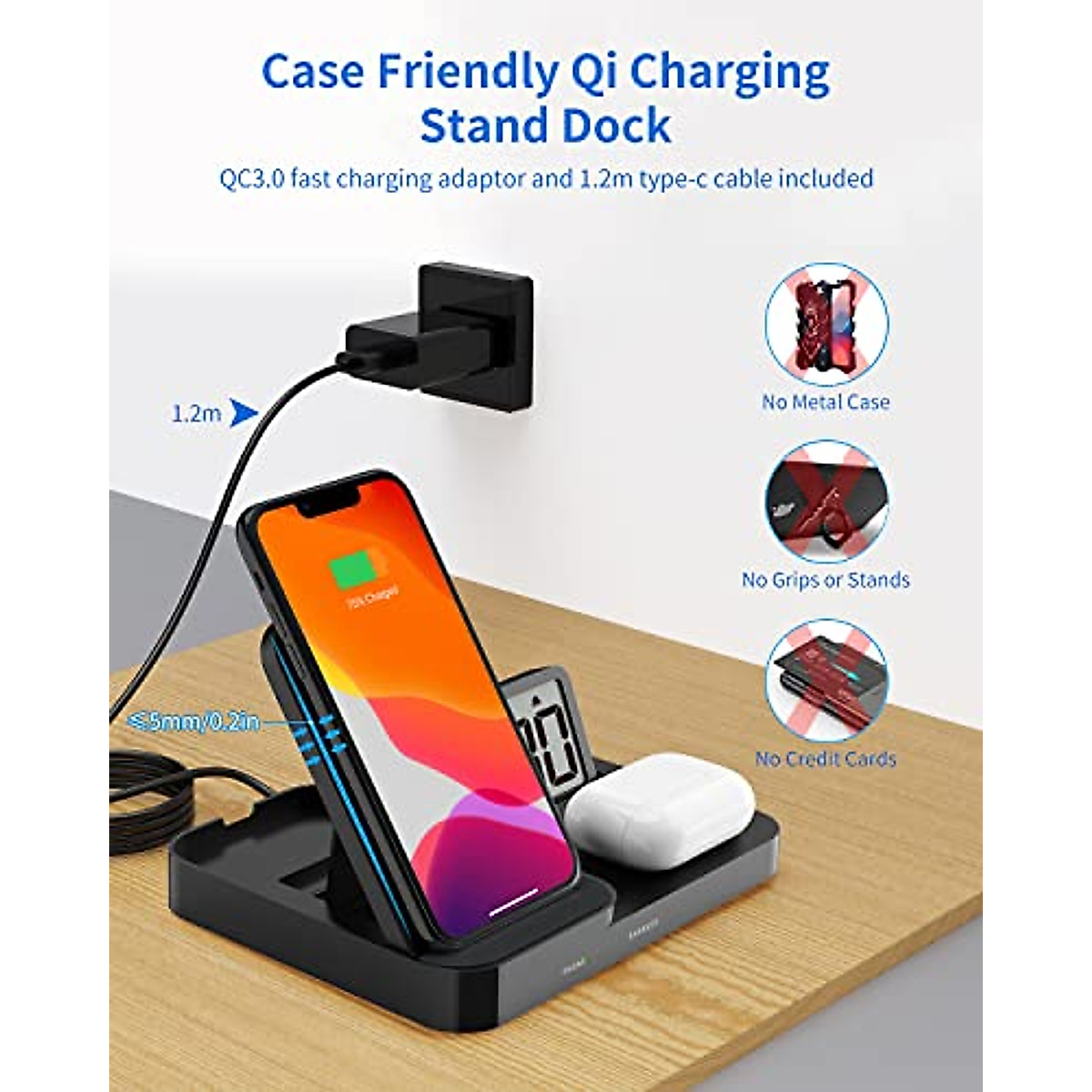 MeesMeek 15W Max Foldable Wireless Charging Station with 18W QC Power Adapter and USB-C Cable, 3 in 1 - Mobile Phone Wireless Charger Dock/Earbuds Qi Pad/Alarm Clock (Black)