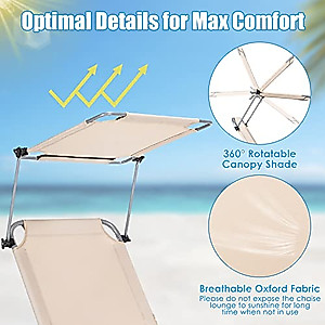 GYMAX Tanning Chair, Beach Lounge Chair with Canopy Sunshade, Carry Handle & Pocket, 5 Level Adjustable Layout Chaise Lounge for Outside, Folding Sunbath Chair for Outdoor, Patio, Poolside (1, Sand)