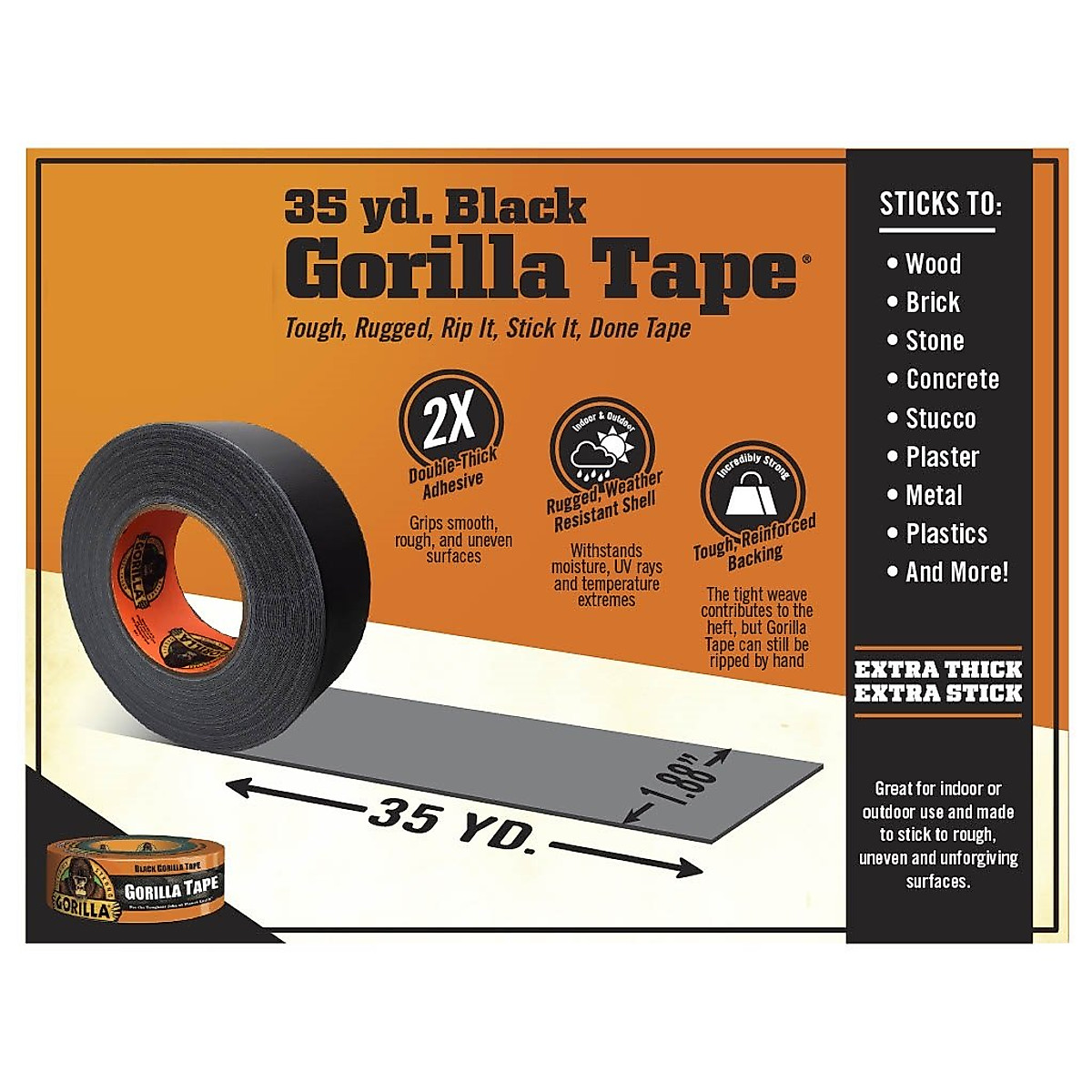 Gorilla Black Duct Tape, 1.88" x 35 yd, Black, (Pack of 3)