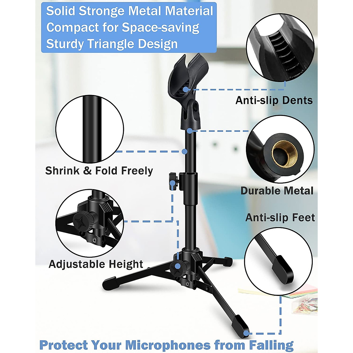 Mictop 2 Pack Desktop Mic Stand, Portable Foldable Tripod with Mic Clip Holder, Adjustable Microphone Stand For Dynamic Microphone.
