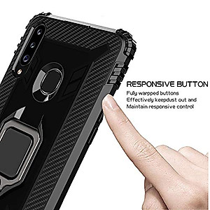 Avesfer for Xiaomi Redmi Note 9 Case with Screen Protector Tempered Glass Shock Absorbing Defender Protective Phone Cover Ring Holder Kickstand Scratch Resistant Carbon Fiber (Black)