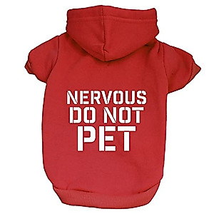 Nervous Do Not Pet Pullover Fleece Lined Dog Hoodie with Leash Hole (Red Hooded Sweatshirt)