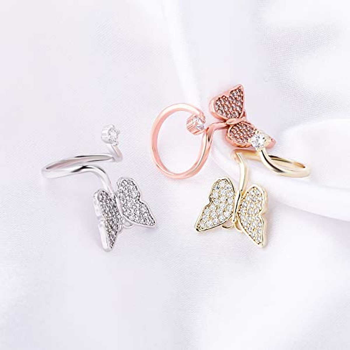 TOPGRILLZ 14K Gold Plated Iced out Butterfly Adjustable Finger Tip Ring for Women Novelty Fashion Jewelry (Rose Gold)