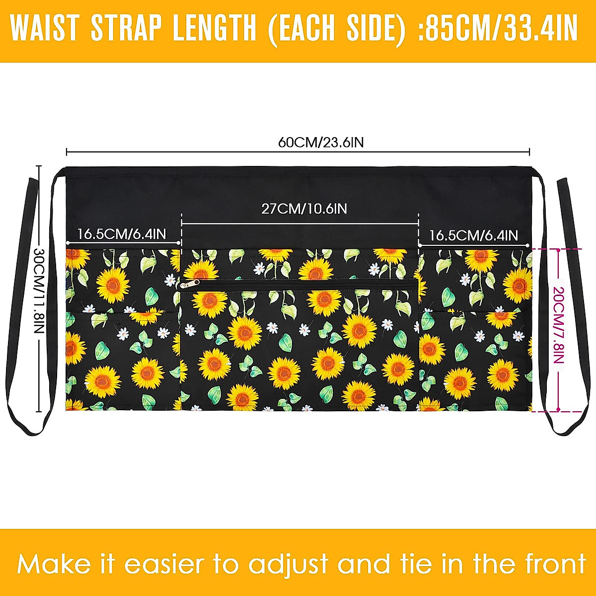 PAMAID Server Waist Aprons, Waitress Kitchen Restaurant Half Apron Professional for Men Women with 6 Pockets (Sunflower)