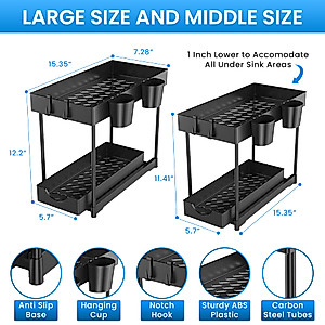 SBD 2 Pack Under Sink Organizers and Storage, 2-Tier Sliding Under Cabinet Organizer for Bathroom and Kitchen with Multi Purpose Door Organizer, 4 Cups, and 10 Hooks - Black