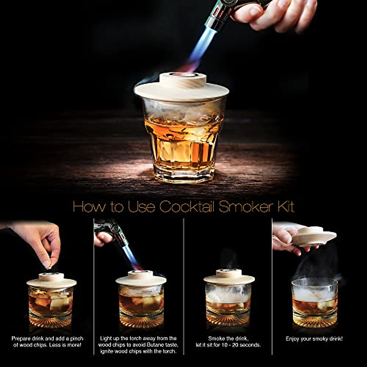 Smoky Dog Cocktail Smoker Kit with Torch for Whiskey and Old Fashioned Drinks, Mixology Bartender Kit Includes 3 Wood Chips, Jigger and a Premium Torch, Bourbon Gift for Men, Dad, Husband (No Butane)