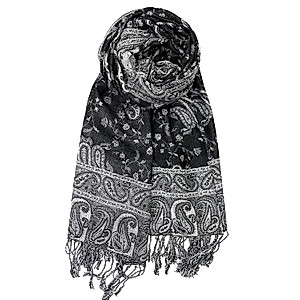 Achillea Soft Silky Reversible Paisley Pashmina Shawl Wrap Scarf w/Fringes (Black White)