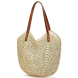 Summer Casual Straw Tote Bag Large Capacity Woven Shoulder Handbag for Summer Beach Vocation (A-beige)