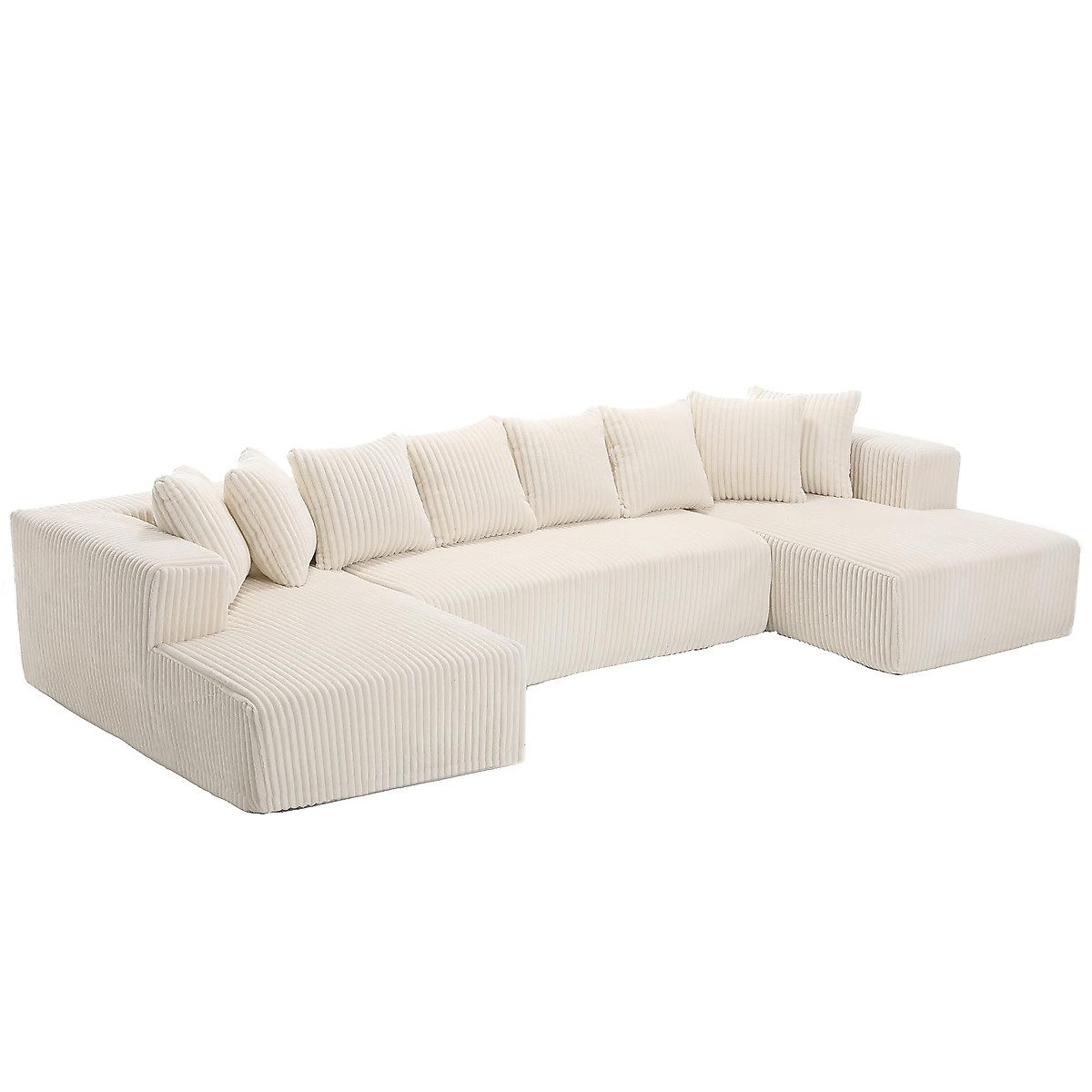 Plococo 131'' Modular Sectional Couch, U-Shaped Sofa, Chaise Lounge, Striped Corduroy Fabric,Upholstered 4 Seater Couch for Living Room, Bedroom, Free Combination Sofa (White)