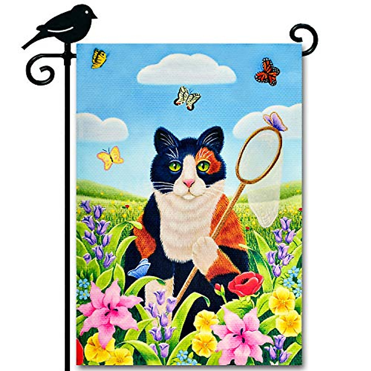 LAYOER Home Garden Flag 12.5 x 18 inch Grass Pastoral Cat & Flower Net Bag Catching Butterflies