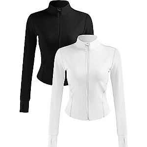 Locoowai 2 Pack Women's Workout Jackets, Long Sleeve Workout Tops with Thumb Holes, Full Zip Lightweight Running Jackets (Small)