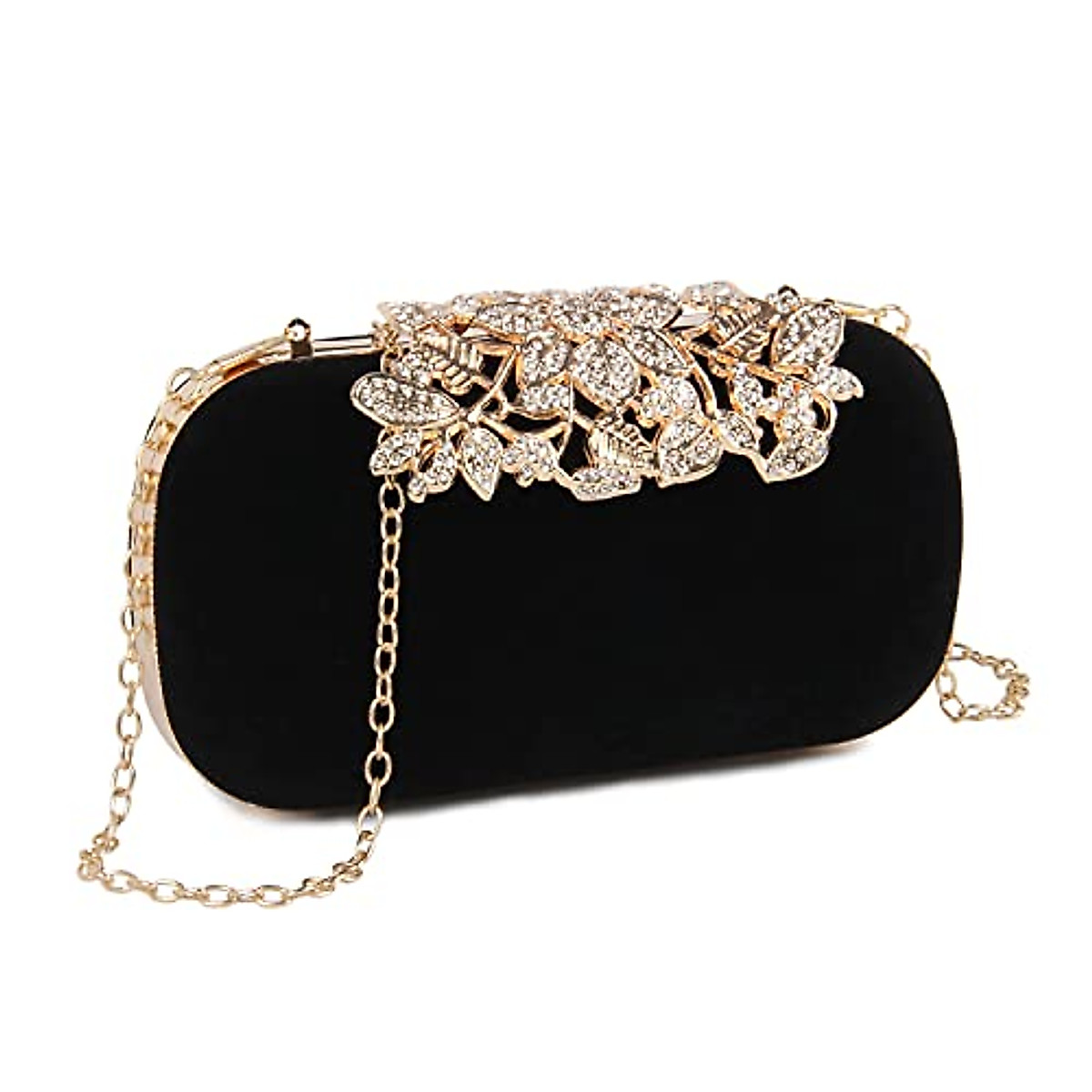 Oweisong Evening Clutch Purse for Women Wedding Flower Rhinestone Black Evening Bag Floral Crystal Shoulder Bag for Party