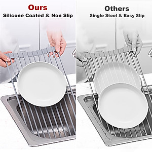 MERRYBOX Roll Up Dish Drying Rack, Over The Sink Dish Rack Foldable, Heat-Resistant, Anti-Slip Silicone Coated Steel Dish Drainer for Kitchen Counter, Multipurpose Roll Up Sink Drying Rack, 17" x 13"