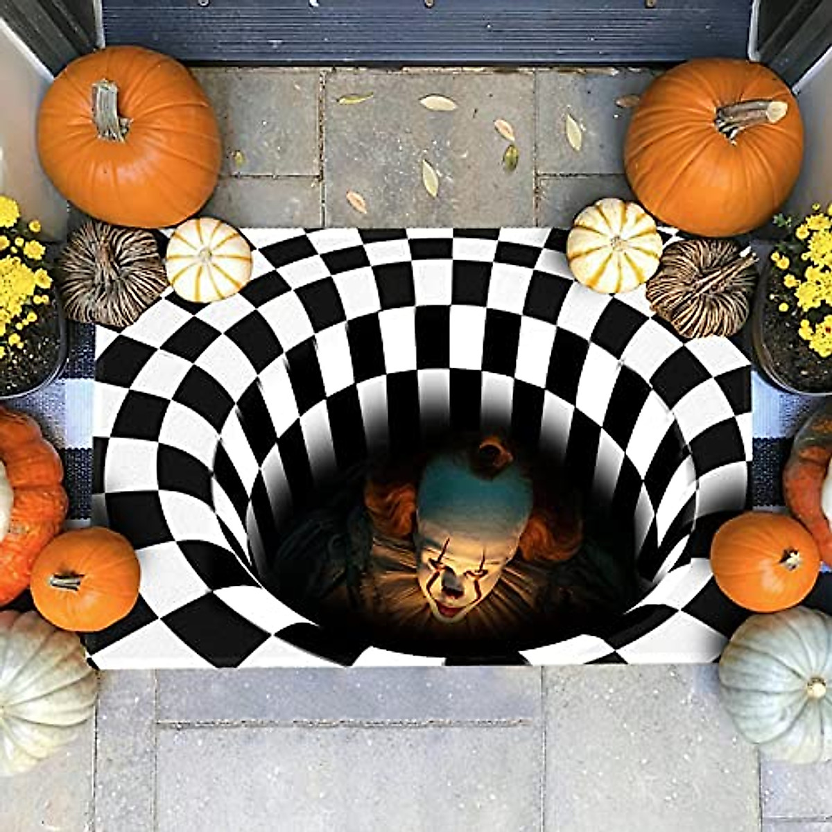 CHENJIEUS Halloween Area Rug,Black White Plaid Round Rugs 3D Visual Optical Floor Mat,Funny Clown Optical Illusion Rug for Living Dinning Room Bedroom Kitchen, 60 x 90 cm (MEI-DITANG-GUO-01)